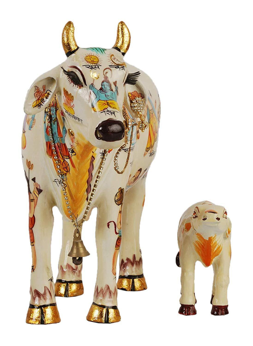 Kamdhenu Cow With Calf Hand Painted Polyresin Statue Of Hindu God (20 ...